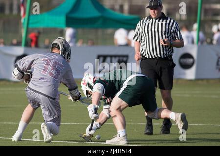 Wroclaw, Poland, April 13th, 2022. ELC 2022 - World Lacrosse Qualifiers. Wales (green shirts) vs ...