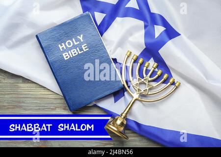 Flag of Israel and text SHABBAT SHALOM on wooden background Stock Photo ...