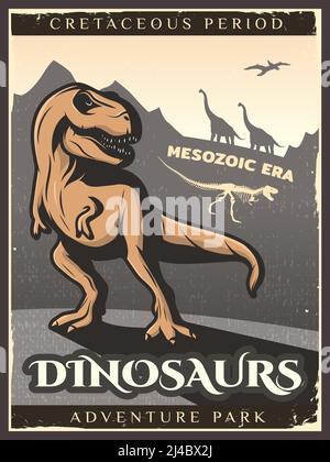 Vintage dinosaur poster with gigantic herbivore carnivore and flying ...