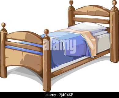 Wood bed in cartoon style. Furniture interior, bedroom comfortable ...