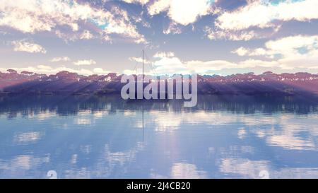 Beautiful sunset over the tropical lagoon, illustration 3d rendering ...