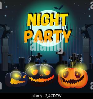 Night Party lettering with smiling pumpkins and cemetery Stock Vector ...