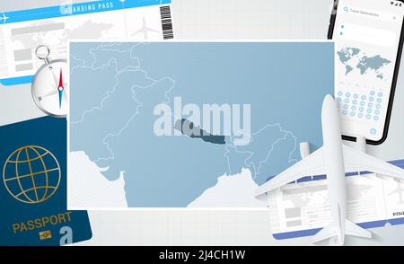 Travel to Nepal, top view airplane with map and flag of Nepal. Travel ...