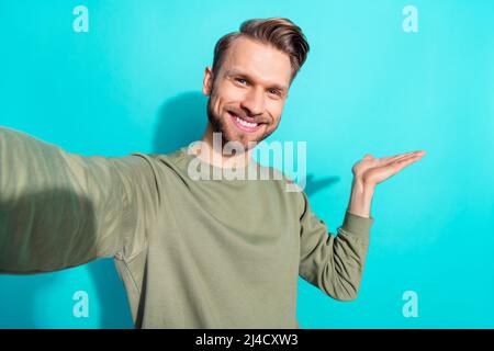 Photo of positive nice man take selfie toothy smile arm fingers show v ...