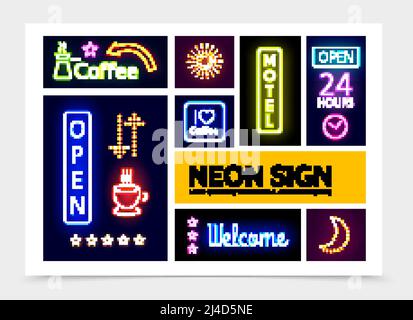 Advertising neon signs infographic template with bright colorful frames ...