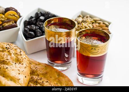 Traditional Ramadan iftar,beginning menu set with soup,olives,date ...
