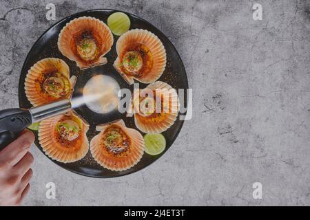 Scallops with flamed shells on a black plate. Luxury restaurant food ...