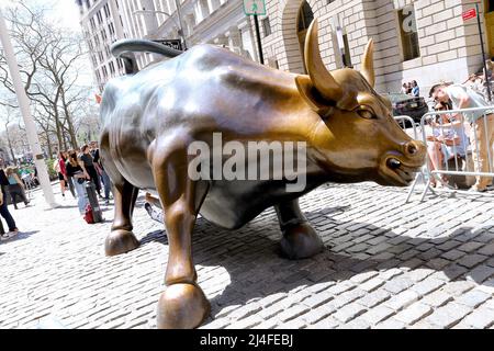 Famous Charging Bull by artist Arturo Di Modica on Broadway in New York Downtown, NY on April 14 ...