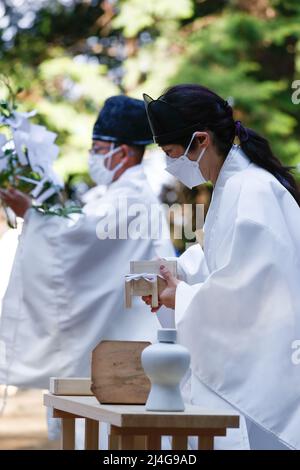 iida, nagano, japan, 2022/09/04 ,Shinto priest celebrating the final ...