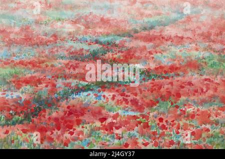 Red poppy field abstract watercolor background. Summer landscape Stock ...