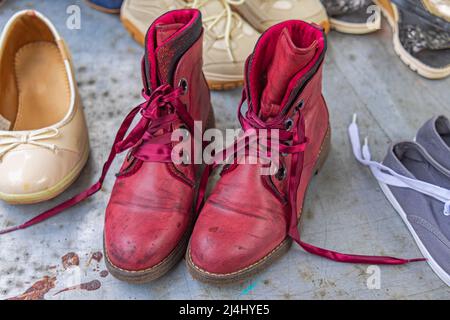 Classic Red Boots With Long Laces Women Winter Style Stock Photo - Alamy