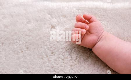 Little baby hand clenched into fist. Tiny new born baby's arm closeup ...