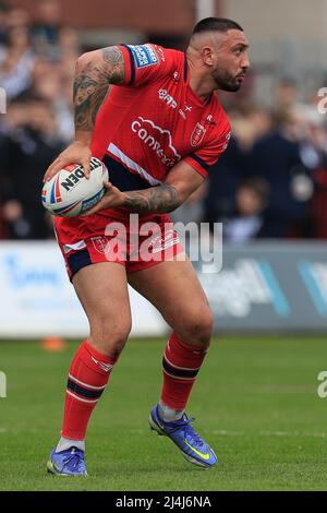 Elliot Minchella #17 of Hull KR pats the club badge on his shirt after ...