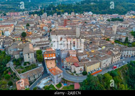 Aerial view of Piazza Ventidio Basso in Italian town Ascoli Piceno ...