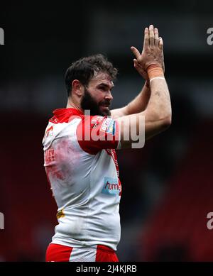 Alex Walmsley of St. Helens applauds the fans after the game during the ...