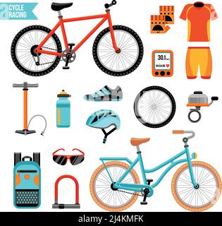 Bike and cycling accessories colored icons set with biker uniform ...