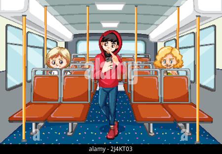 Bus interior with passengers cartoon characters illustration Stock ...