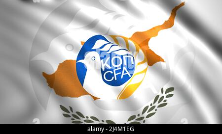 Flags of countries with emblems of football clubs. Motion. Close-up of ...