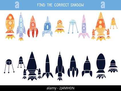 Find the correct shadow of rocket and UFO spaceships kids game ...