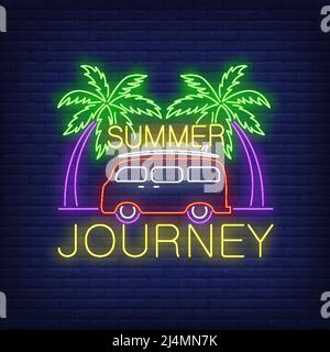 Summer Journey neon lettering, minivan and palm trees Stock Vector ...
