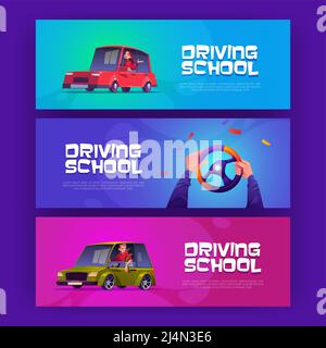 Driving school posters with man and woman sitting in cars. Vector ...