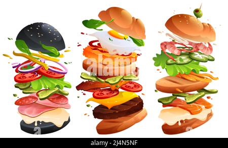 Flying burger ingredients. Burgers explosion layered ingredient ...