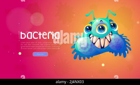 Bacteria banner with funny microbe character on green background ...