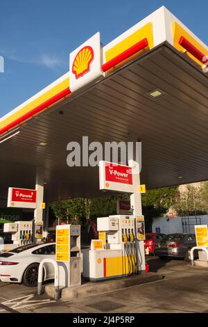A colourful Shell garage forecourt in Roehampton, London, England, UK ...