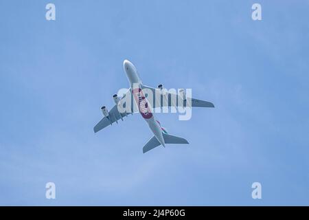 17 April 2022: Underside view of Airbus A380 800 Emirates airline in ...