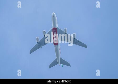 17 April 2022: Underside view of Airbus A380 800 Emirates airline in ...