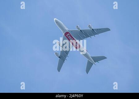 17 April 2022: Underside view of Airbus A380 800 Emirates airline in ...