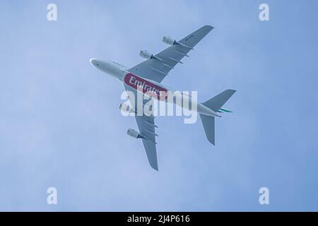 17 April 2022: Underside view of Airbus A380 800 Emirates airline in ...
