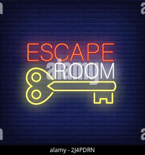 Quest room neon sign. Text with lock instead letter. Glowing banner or ...