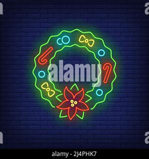 Bright Christmas wreath, poinsettia, candy, colorful leaves, pine ...