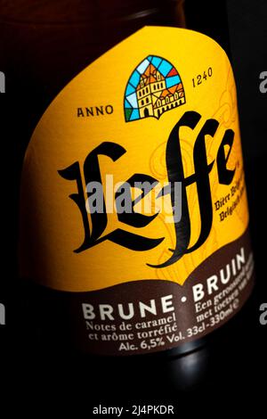 Leffe Brune Belgian Abbey beer bottle label close up detail Stock Photo ...