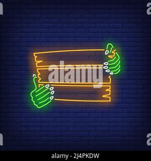 Zombie hands holding wooden signboard neon sign Stock Vector Image ...