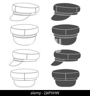 Set of black and white illustrations with peaked cap, forage cap ...
