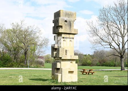 Vienna, Austria. Stone sculpture and the Danube Tower in the Danube ...