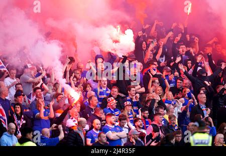 Rangers fans set off flares in the stands during the cinch Premiership ...