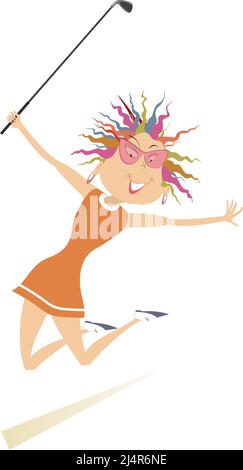Young golfer woman on the golf course illustration. Happy golfer woman ...