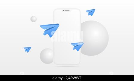 Blue Messaging App Icon. Paper airplane Isolated 3D Button. Vector ...