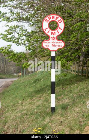 An old 12 mph speed limit sign at Beamish Museum, Co. Durham, England ...