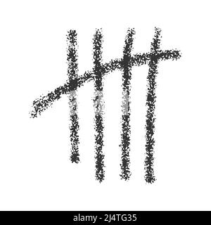 Charcoal tally mark sign. Number 5 in unary numeral system. Four hand ...