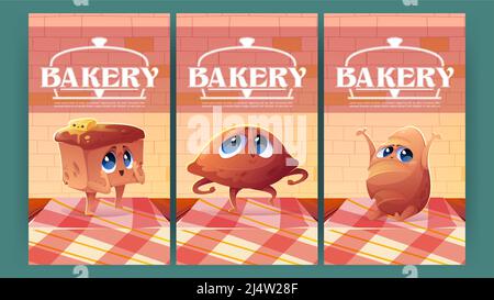 Bakery posters with cute patty and bread loaves characters. Vector ...