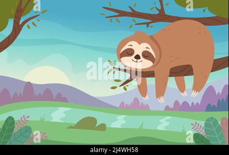 Cute sloths cartoon sleeping and hanging on tree branch background ...