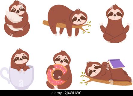 Cute cartoon sloths. Adorable rainforest animals, mother and baby on ...