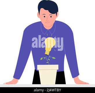 Great idea. Genius thought. Lightbulb above head. Hand drawn. Stickman ...