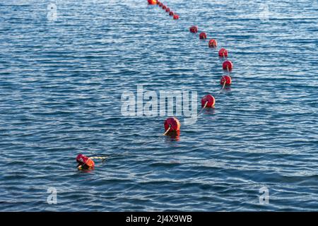 Swimming area border marked with floating yellow spheres on rope Stock ...
