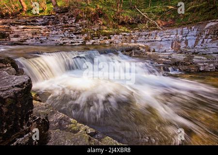 The three tiers of Stainforth Force waterfalls in the Yorkshire Dales ...