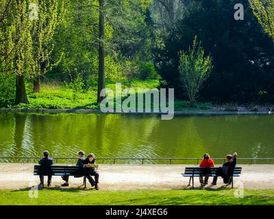 Paris, France, Senior Citizens sitting in Urban Park Bench, from Rear ...